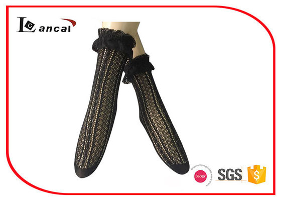 Sexy Black Ladies Silk Socks Jacquard With Lace Top Edge , Womens Nylon Socks