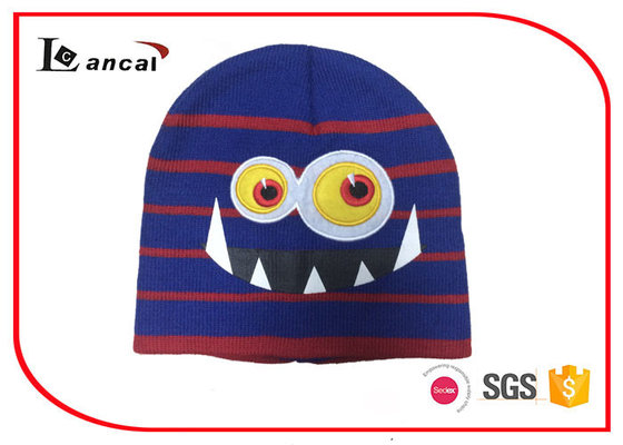 Red Boys Winter Knit Hats , Monster Eyes Applique Blue Knit Beanie