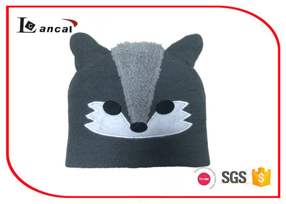 Fox Shape Green Winter Knit Hats With Polar Fleece And Applique Emboridery