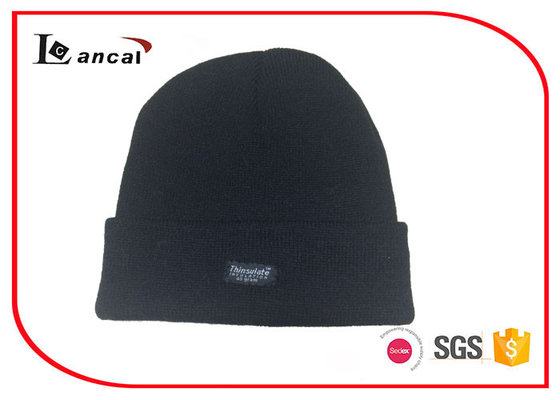 All Black Sports Knit Hats Customize Woven Lable And Polar Fleece Lining