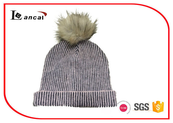 Two Color Ribbed Mohair Acrylic Womens Knitted Beanie Hats With Faux Fur Pom