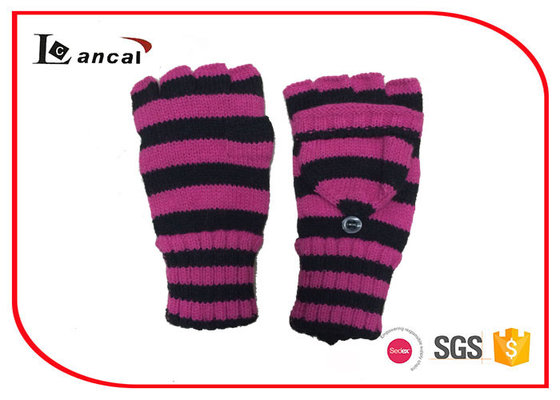 Rose Red And Black Stripe Womens Warm Winter Gloves With Long Ribbed Edge