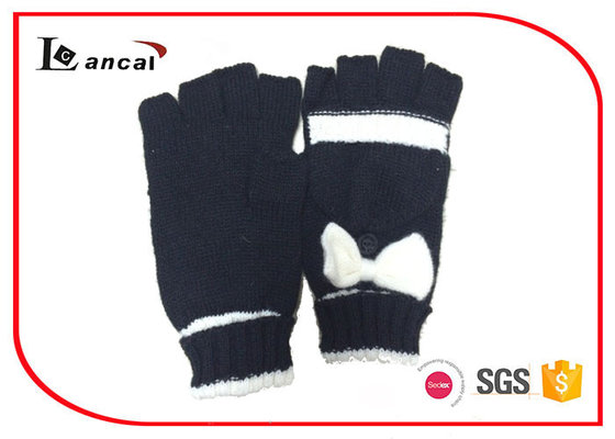 Black And Cream Plain Fingerless Knit Winter Gloves Bowknot On The Top