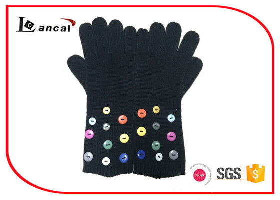 Wool And Acrylic Ladies Warm Winter Gloves Black  Colorized Buttons