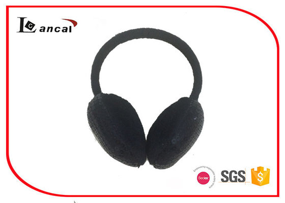Paillette On The Outer Black Fluffy Ear Muffs For Winter , Fleece Ear Warmers