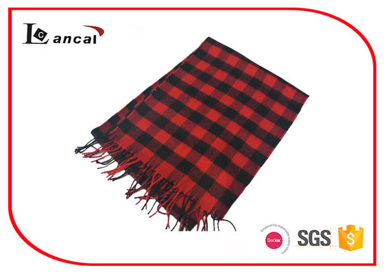 Red Checked Pattern / Tassels Hand Women Wrap Shawl 30cm X 178cm For Women