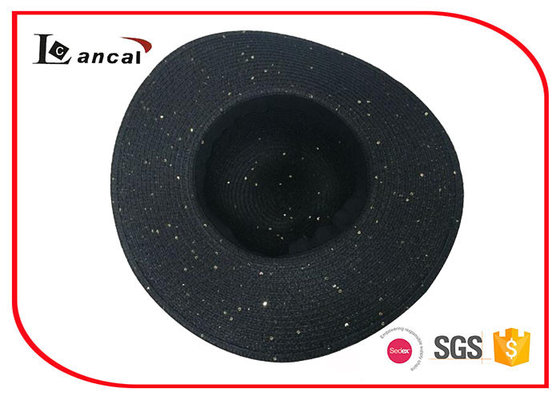 Black wide brimmed straw hat for men , golden sequin decoration and bowknot band