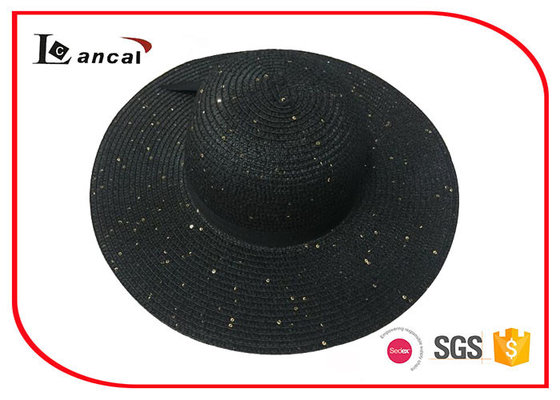 Black wide brimmed straw hat for men , golden sequin decoration and bowknot band