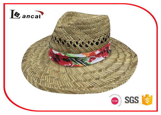 Floral print band 100% straw fedora hats for women , hollowed out style