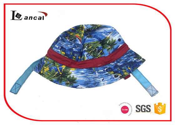 Tropical Printed Bucket Hat with red hatband and button as decoration