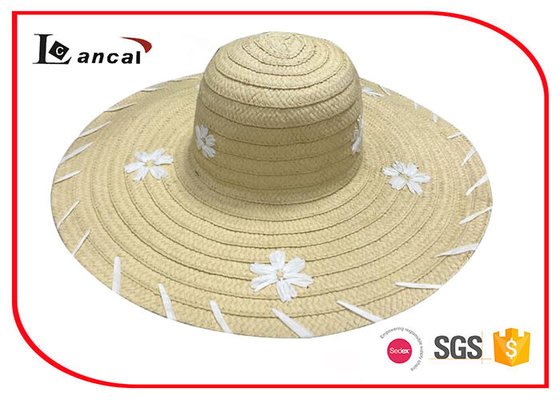 Customized embroidery wide brim sun hat , womens straw floppy hat