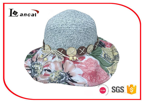 Flower wavy wide brimmed straw hat with customized hatband and sweatband