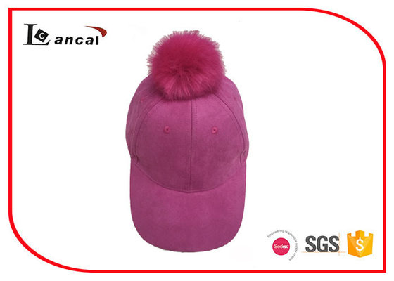 Pink Suede Fabric Womens Baseball Hats With Matching Fur Pom , Baseball Caps For Women
