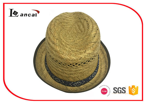 Natural Straw Trilby Mens Structural Wide Brim Hat With Aztec Hatband