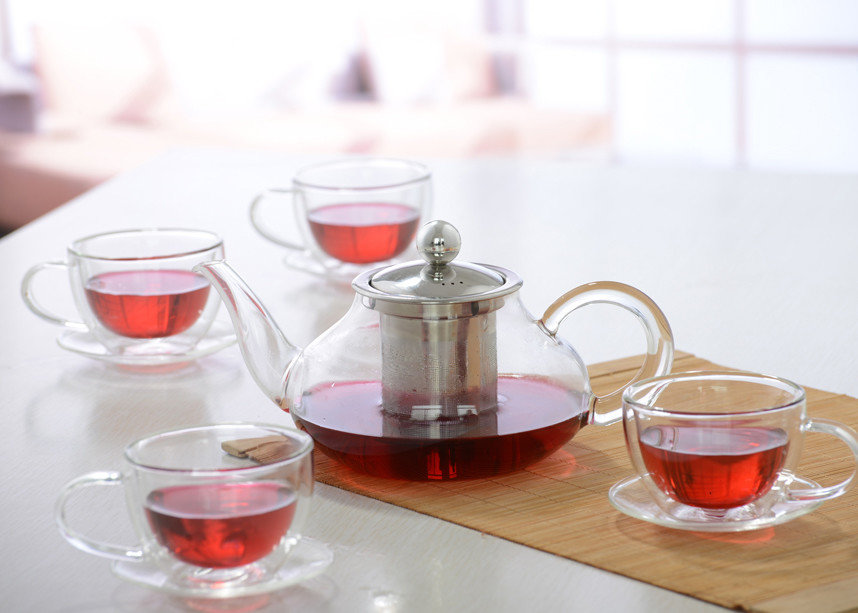 Elegant Hand Made Glass Tea Pot Set With Stainless Steel Infuser And 5pcs Glass Tea Cups