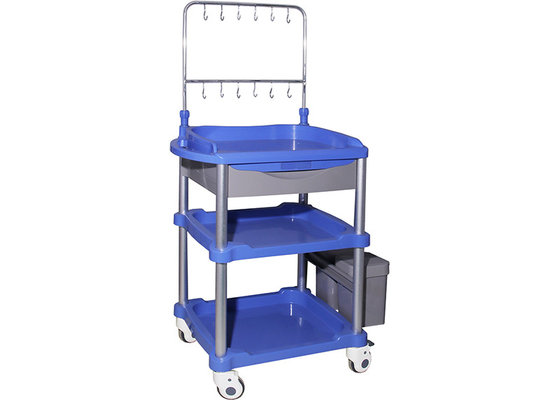 Blue Color Medical Treatment Trolley 2 / 3 Layers With Adjustable IV Hookers