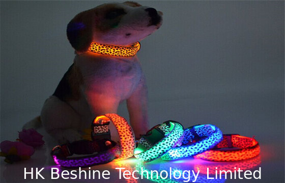 Flashing Safety Comfortable Dogs Led Pet Collar Red Green Yellow With Leopard Printing