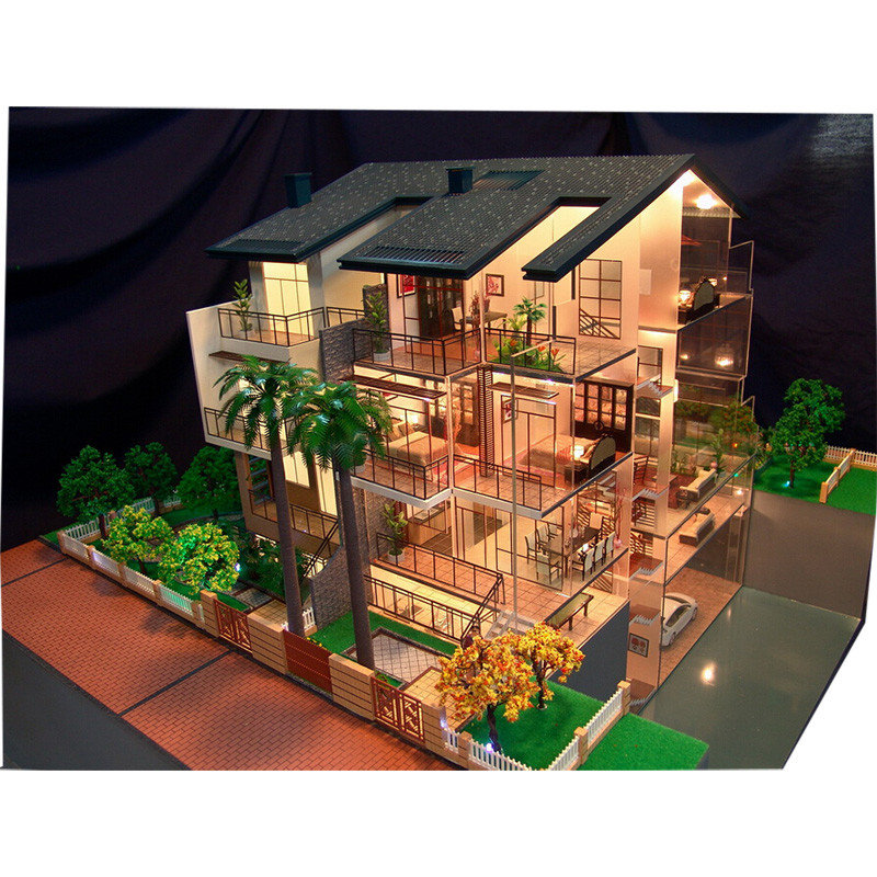 Miniature 1/50 scale villa house model with interior furniture and light