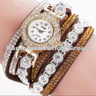 Ladies Fashion Long Strap PU Leather Belt Diamonds Wrist Band Watch supplier