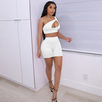 Summer New Arrival Sexy Women one shoulder Hollow out Yoga sets crop top and Casual shorts 2-Piece Training clothes gym wear