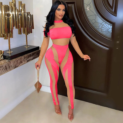 2022 new arrived Summer Sexy Mesh yarn splicing Perspective Jumpsuit Custom skinny nightclub wear Fitness & Yoga wear