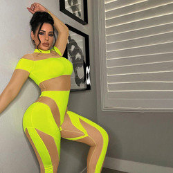 2022 new arrived Summer Sexy Mesh yarn splicing Perspective Jumpsuit Custom skinny nightclub wear Fitness & Yoga wear