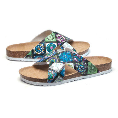 Retro Style Double Straps fashion Patterns Lady PU Shoes Cork Sole ladies beach Sandals Customized house Slippers For Women