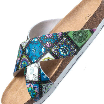 Retro Style Double Straps fashion Patterns Lady PU Shoes Cork Sole ladies beach Sandals Customized house Slippers For Women