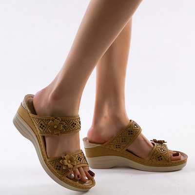 New 2022 sandals flower large size rhinestone shoes women retro style wedge heel comfortable soft slippers