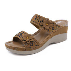 New 2022 sandals flower large size rhinestone shoes women retro style wedge heel comfortable soft slippers