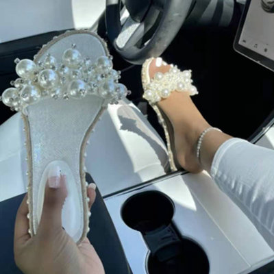 2022 Summer Fashion Open Toe Women's Sandals Plus Size Flat Slippers Pearl Slides non-slip shoes for ladies