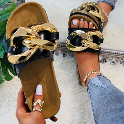 2022 Fashion Style gold chain lightweight slides new soft rubber sole slippers women flat sandals custom shoes