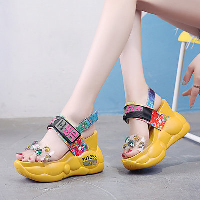High quality Color Rhinestone super thick bottom casual shoes women non-slip wedges sandals fashion outdoor slippers