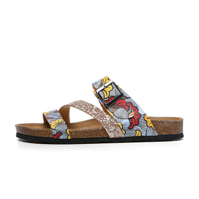 Women's Comfort Slides Adjustable Buckle PU Flat Sandals Cork Arch Support shoes bed Slides Sandals in stock