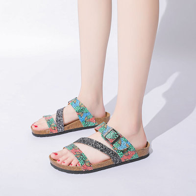 Women's Comfort Slides Adjustable Buckle PU Flat Sandals Cork Arch Support shoes bed Slides Sandals in stock