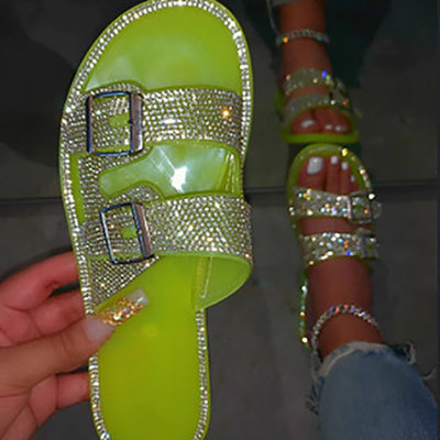 Best price new design rhinestone beach casual shoes with buckles flat non-slip slippers footwear summer sandals women