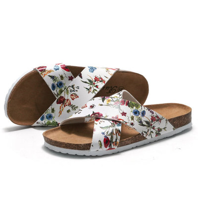 Slippers hot sale cork beach shoes leather pattern upper lightweight non-slip flat summer women floral sandals