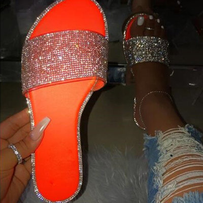 Factory supply Rhinestone Women large size Beach Sandals soft sole non-slip outdoor Shoes Flat Slippers for ladies