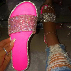 Factory supply Rhinestone Women large size Beach Sandals soft sole non-slip outdoor Shoes Flat Slippers for ladies