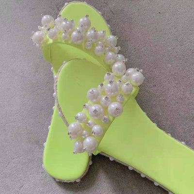 New fashion style pearl flat sandals large size slide slippers hot sale solid color outdoor non-slip shoes for women