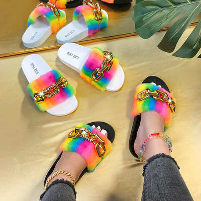 Women new Casual Fashion outdoor sandals Rainbow Plush Chain upper Flat non-slip Slippers For Ladies 2022
