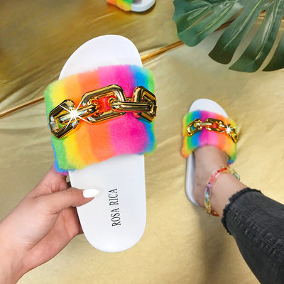 Women new Casual Fashion outdoor sandals Rainbow Plush Chain upper Flat non-slip Slippers For Ladies 2022
