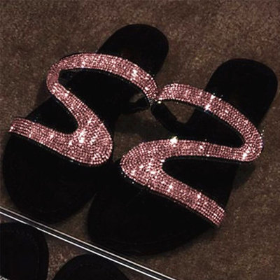 Hot Selling fashion rhinestone Sandals Women New Design z-shaped summer flat casual solid color slippers