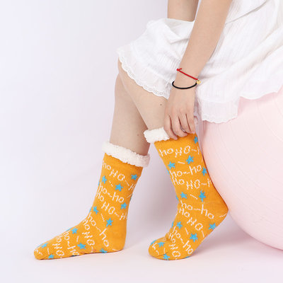 custom wholesale Women's Winter fluffy fur Lined Thermal Slipper Socks Home floor Socks Anti-slip sole sherpa designer socks