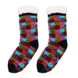 2021 wholesale women's winter grid pattern knitted thick warm medium length socks with fluffy fur ladies Plaid stocking