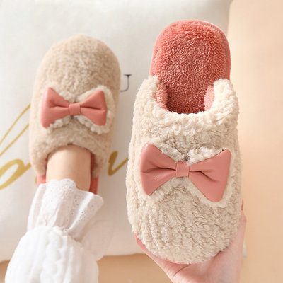 Wholesale Hairy slippers autumn winter couple warm soft plush cute bowknot female non-slip bedroom shoes