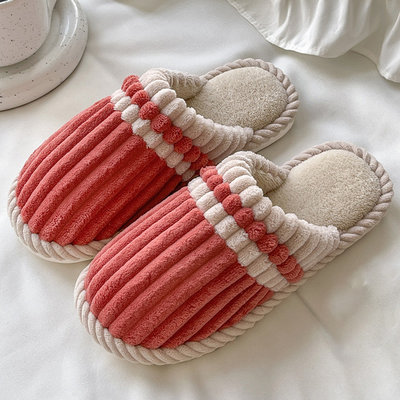 Autumn winter new design striped color warm slippers female home couple delicate plush non-slip bedroom shoes in stock