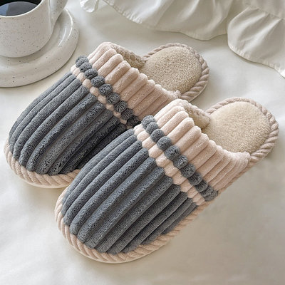 Autumn winter new design striped color warm slippers female home couple delicate plush non-slip bedroom shoes in stock