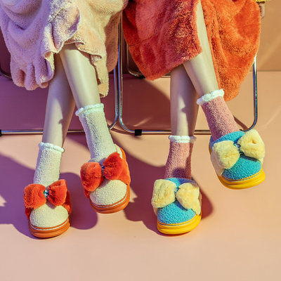 New Design Cute Bow Slippers Women Winter Home Thick Bottom Warn Non-Slip Couple Style Plush Indoor Cartoon Men