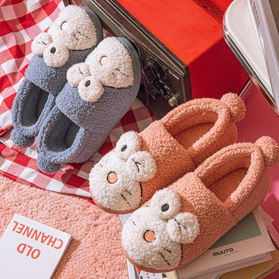 Men Autumn Winter Closed Toe Plush Warm Home Indoor Slippers Women Cartoon Doraemon Shape TPR Non-Slip House Shoes